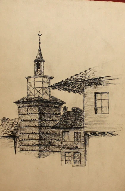 DISEGNO A INCHIOSTRO di paesaggio realistico antico EUR 90,43 - PicClick IT