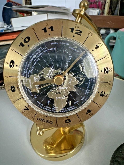 SEIKO WORLD GLOBE Clock Quartz Time Desk Mantle Gold Tone Japan by ...