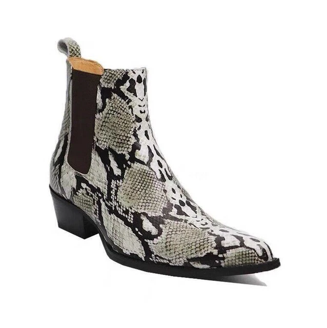 MENS POINTED TOE Real Leather snake pattern Pull On Ankle Cowboy Boots ...