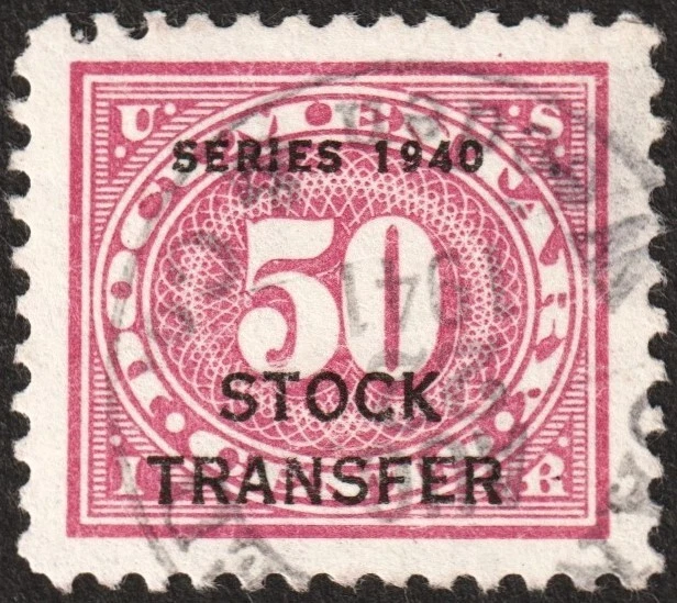 SCOTT#RD52 US/USA 1940 overprint stock transfer revenue stamp (thin ...