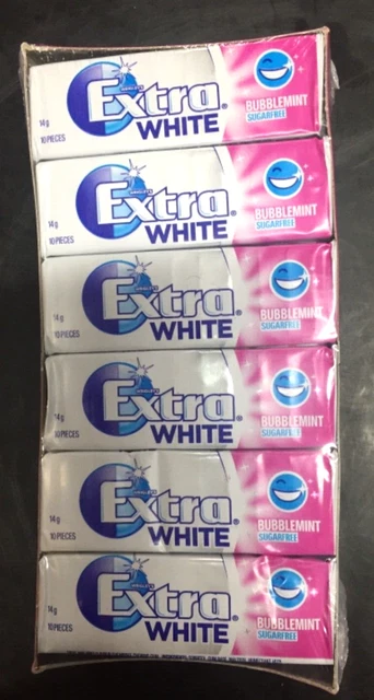 EXTRA WHITE BUBBLEMINT PELLETS BULK BOX 24x 10pc PACKS CHEWING GUM BBD ...