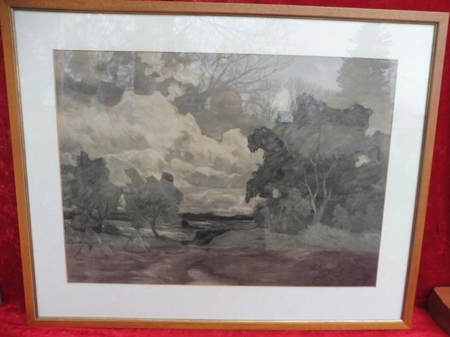 BEAU, ANCIEN, GRAND Tableau, Paysage, Dessin Original : Hermann Lasch ...