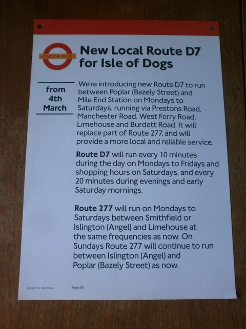LONDON TRANSPORT BUS Stop Timetable Poster-New Route D7 to Isle of Dogs ...