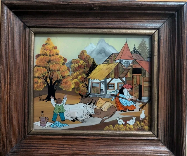 VINTAGE DER HANDMALER German Reverse Glass Painting Villager & Cows $34 ...