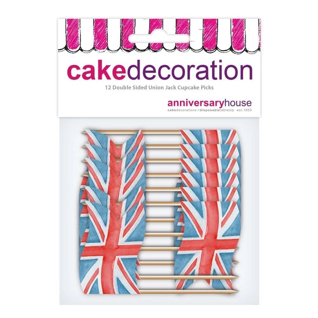 12 UNION JACK Flag Cupcake Toppers VE Day Celebration Picks GB Cake ...