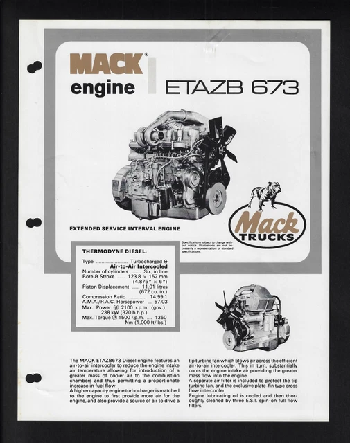 MACK TRUCKS ETAZB 673 Engine Specifications Brochure $27.50 - PicClick AU
