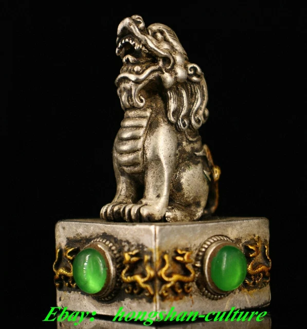 ANCIEN TIBÉTAIN ARGENT Doré Incrustation Gemme Dragon Lion Bête Sceau ...