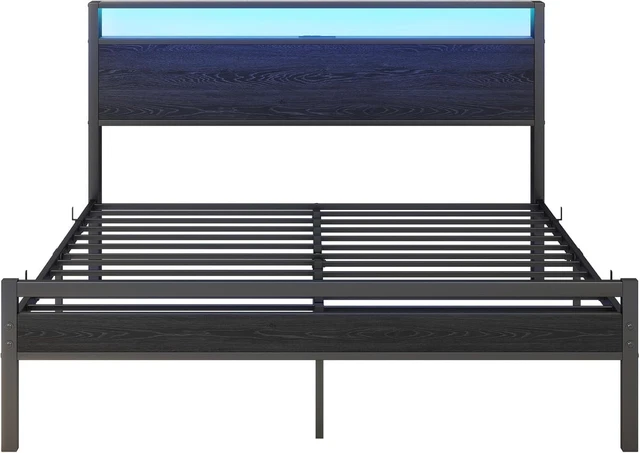 QUEEN BED FRAME Black with Storage Headboard No Box Spring Heavy Duty ...