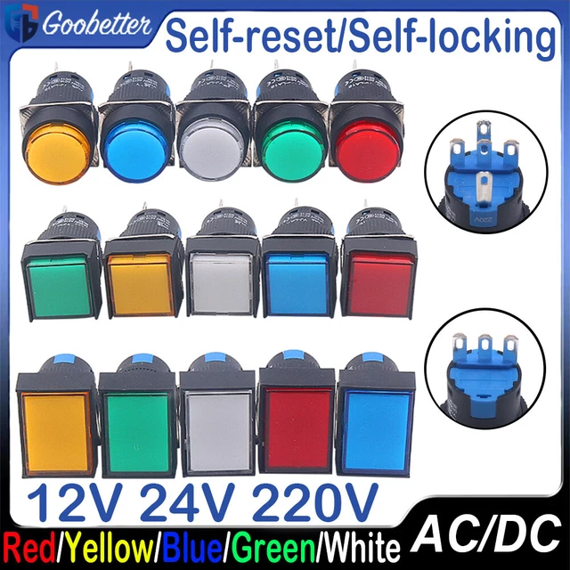16MM LED PUSH Button Switch AC/DC Momentary Self-reset/Self-locking 12V ...