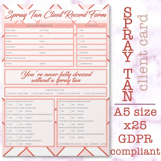 SPRAY TAN CLIENT Record Card Form PREMIUM Treatment Consultation A5 ...