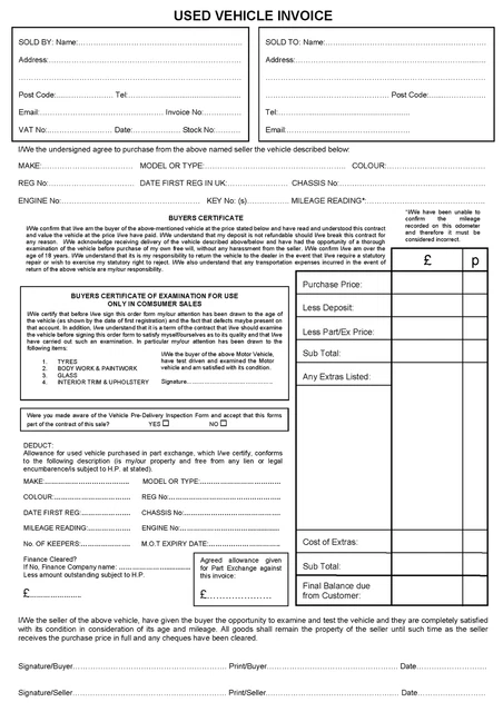 USED CAR INVOICE/SALES Invoice/Pre-Inspection PDI/Workshop Pads/Trade ...