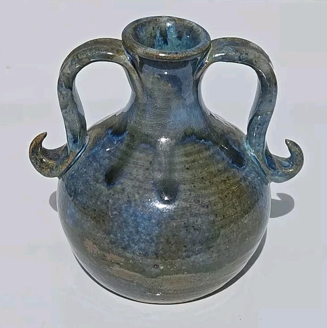 STUDIO POTTERY VASE Small Blue & Gray Drip Glaze 2 Handles Signed H ...