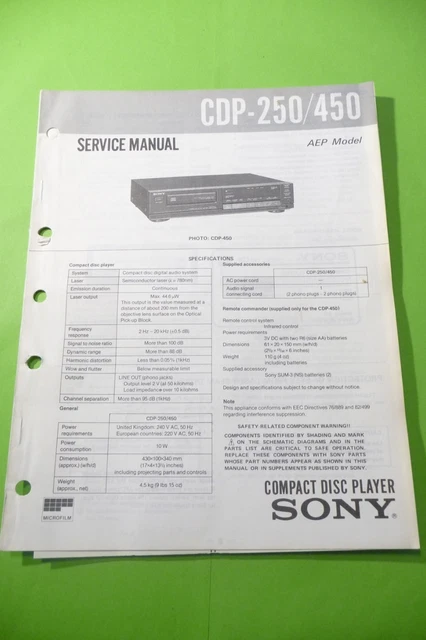 SERVICE MANUAL-ANLEITUNG FÜR Sony CDP-250,CDP-450,ORIGINAL EUR 11,00 ...