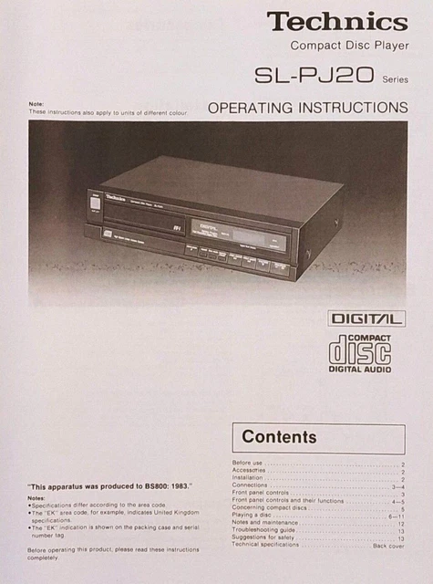 TECHNICS SL-PJ20 - Compact Disc Player - Operating Instructions - USER ...