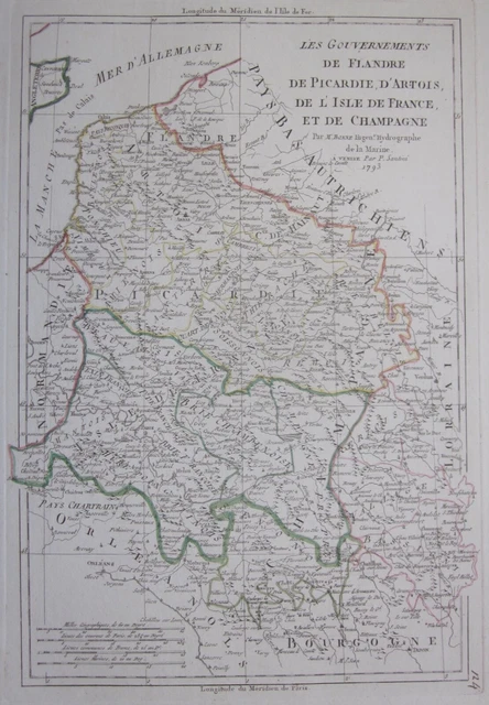 1793 FLANDRE PICARDIE Isle Champagne original map Bonne Santini Hauts ...