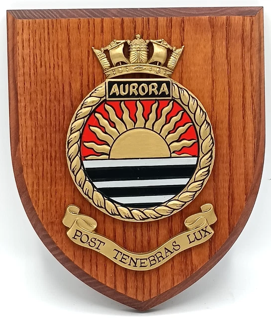 VINTAGE ROYAL NAVAL Light Cruiser Ship HMS Aurora Wooden Shield Plaque ...