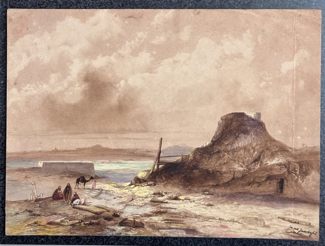 BEAUTIFUL DRAWING SCHOOL Orientalist Bedouin Ruin Edge Sea Morocco 1860 ...