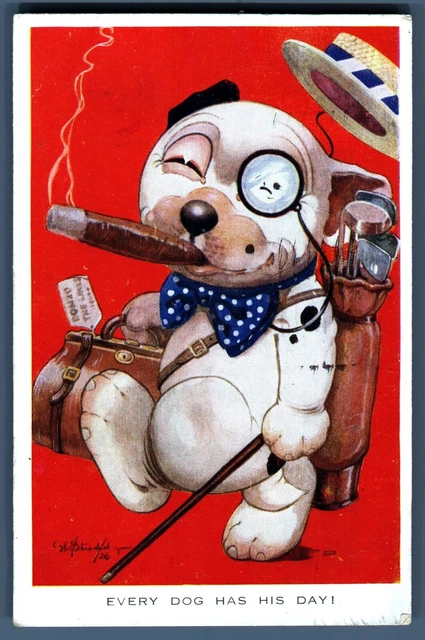 VINTAGE BONZO POSTCARD puppy dog smoking cigar carrying golf clubs ...
