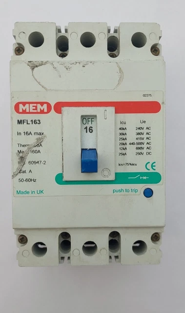 MEM MFL163 TRIPLE Pole MCCB 16Amp Circuit Breaker BILL TLF163 £79.99 ...