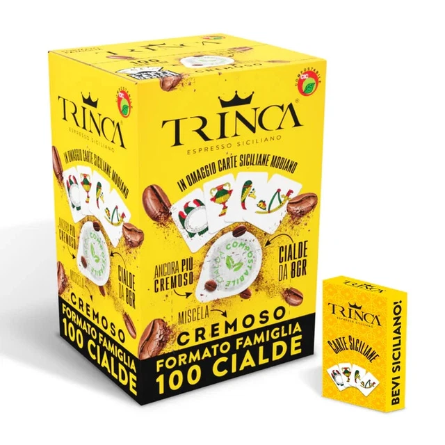 200 CIALDE COMPOSTABILI Caffè Trinca Cremoso ESE 44mm + Carte Siciliane ...