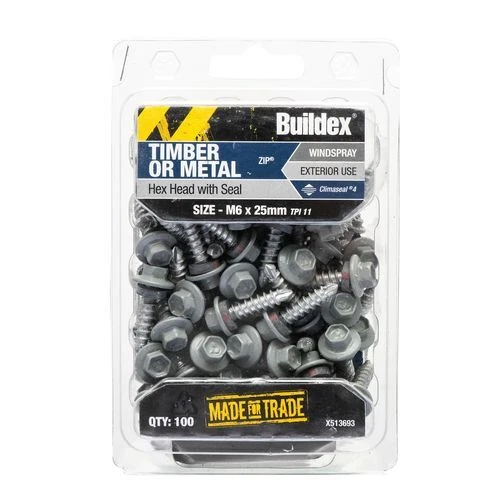 BUILDEX ROOF ZIP C4 HexHead Screws M6 x 25 Windspray Bx100 - AUSTRALIA ...