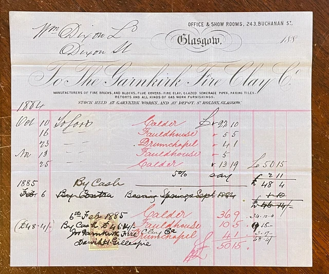 1884 THE GARNKIRK Fire Clay Co., 243 Buchanan Street, Glasgow Invoice £ ...