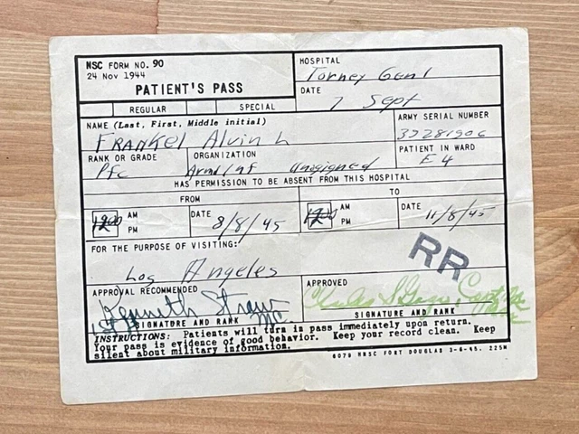 VINTAGE WWII 1945 Torney General Hospital Patients Pass Military ...