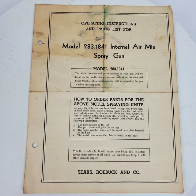 VINTAGE SEARS ROEBUCK 283.1841 Internal Air Mix Spray Gun Instructions ...