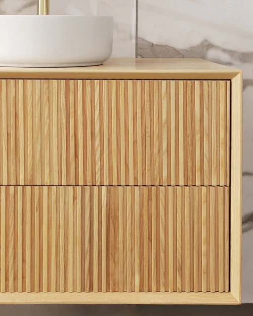 900 VANITY SOLID Ash Natural Timber Bathroom Cabinet Fluted Groove Wall ...