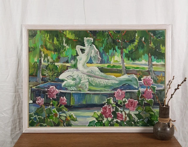 PARK FOUNTAIN SCULPTURE, Vintage Oil Painting, Framed Original ...