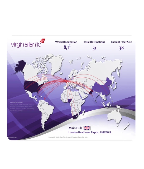 VIRGIN ATLANTIC WORLD Route Map / Network Map Mouse Mat EUR 15,03 ...