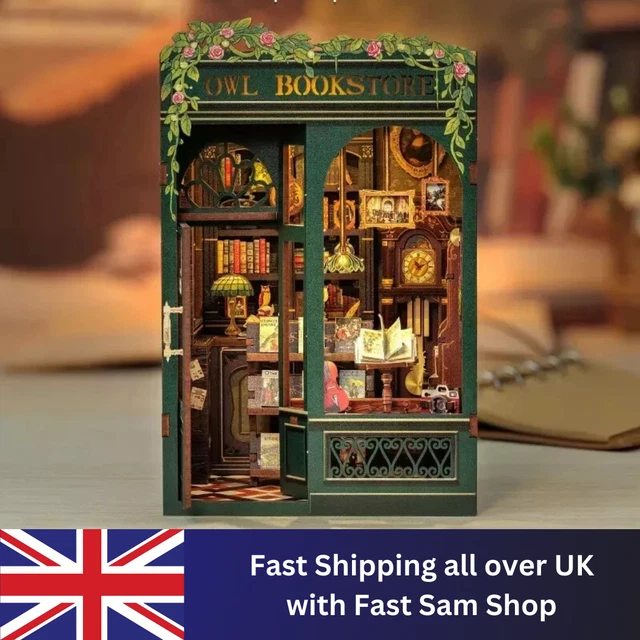 DIY BOOK NOOK Owl Bookstore Wooden Doll House Kit Miniature Model ...