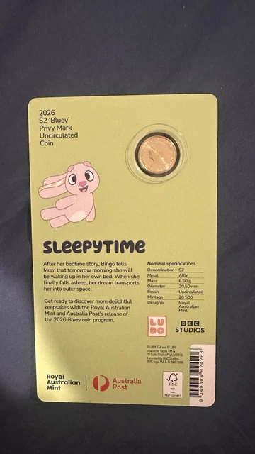 BLUEY - SLEEPYTIME - 2026 Privy Mark Coin in Card $2 Two Dollar Bingo ...