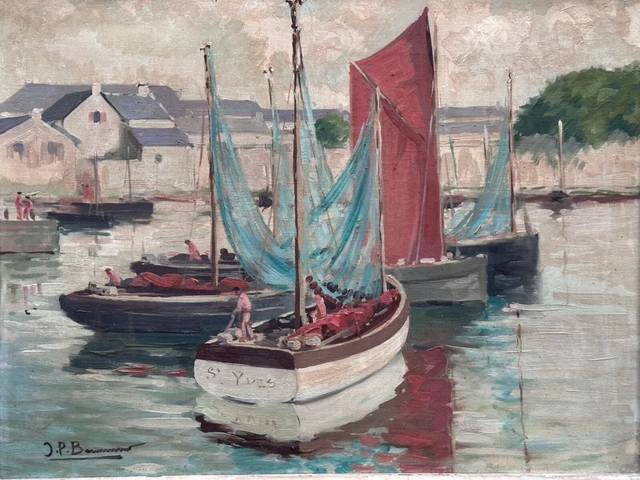 TABLEAU ANCIEN PAYSAGE marine Bretagne Port de Bénodet Bateaux pêche toile 1930 EUR 390,00 ...