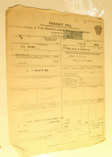 VINTAGE PENNSYILVANIA RAILROAD Freight Bill Invoice 1923 tears and wear ...