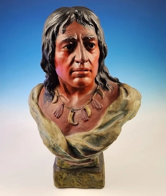 ANTIQUE CHALKWARE PLASTER Cigar Store Native American Indian Bust ...