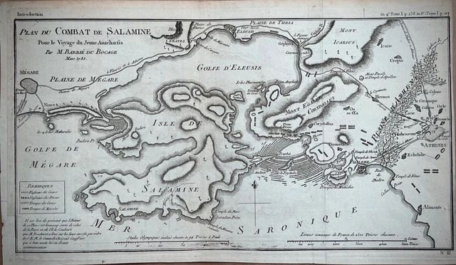 PLAN DU COMBAT de Salamine-Cartina geografica originale francese-' 700 ...