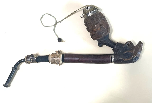 ANTIQUE BLACK FOREST German Stag Pipe Hand Carved Wood & Bison Bone ...