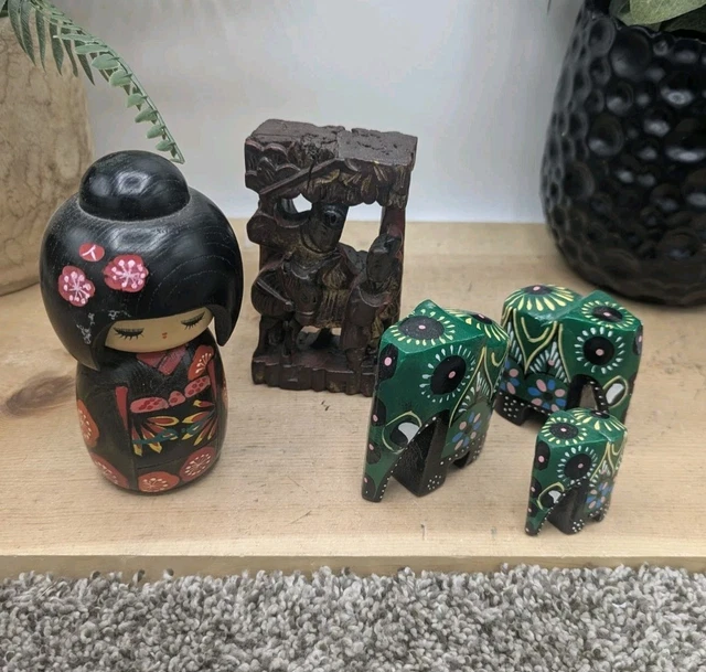 19TH CENTURY CHINESE Carved Wood + Kokeshi Doll + Hand Carved Elephant ...