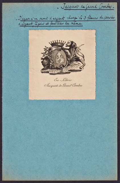 JACQUET DE GRAND Combes Ex-Libris Wappen blason armorial bookplate ...