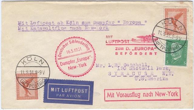 KATAPULT 1931 DT. Reich Nachbringeflug Köln Syracuse USA Catapult H 41 ...