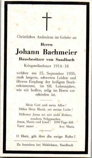 STERBEBILD JOHANN BACHMEIER 1955 Sandbach Ruhstorf Rott Passau ...