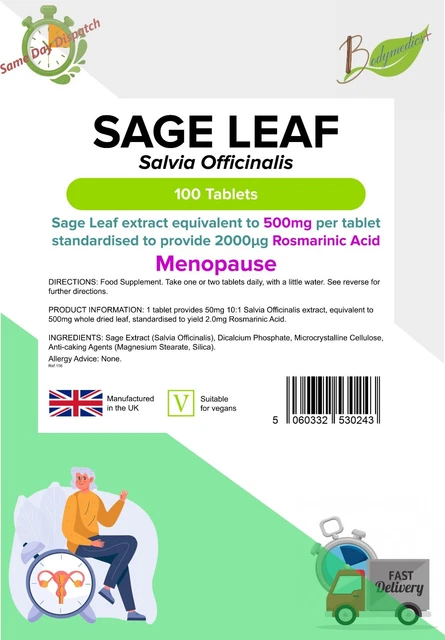 SAGE LEAF EXTRACT 500mg, (100 Tablets) Menopause, Mind & Body Health ...