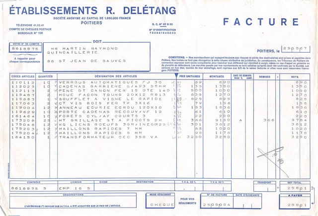 FACTURE 1967 ETS R. DELETANG A POITIERS - M.MARTIN A SAINT JEAN DE ...