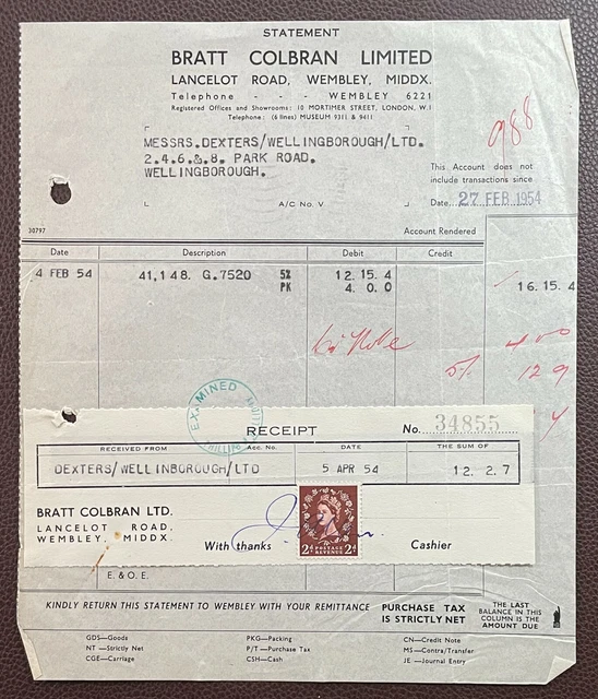 1954 BRATT COLBRAN Ltd., Lancelot Road, Wembley Invoice £4.99 - PicClick UK