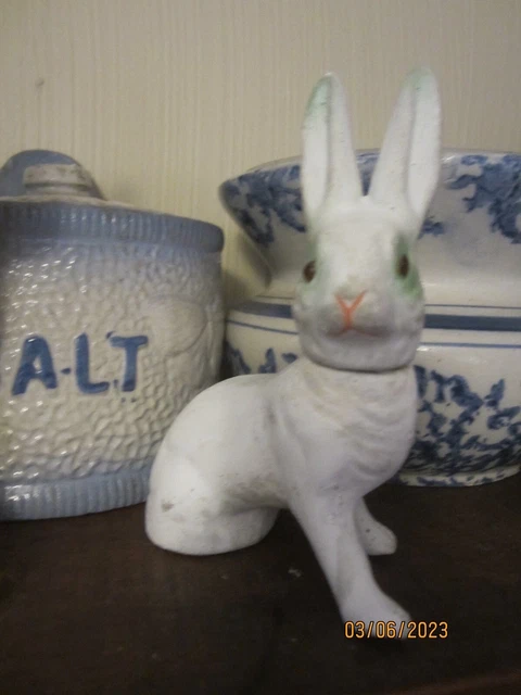 ANTIQUE PAPER MACHE/COMPOSITION White/Green Paint German Rabbit Candy ...
