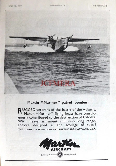 MARTIN MARINER PATROL Bomber Flying Boat Aircraft WW2 ADVERT 1944 Print ...