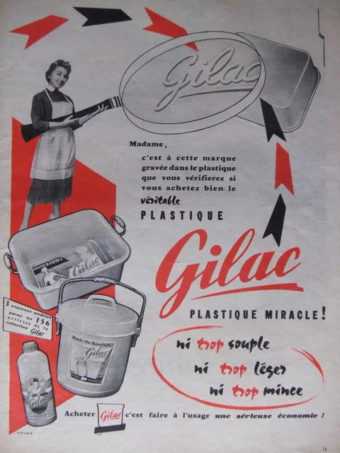 PUBLICITÉ DE PRESSE 1956 Gilac Plastique Miracle Souple Léger ...