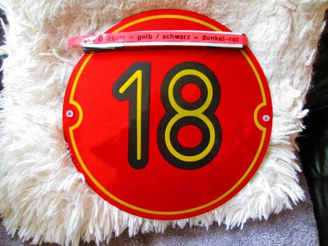 RUNDE HAUSNUMMER 26 cm Emaille schwarz-gelb-rot Nr. 18, 19, 20, 21, 22 ...