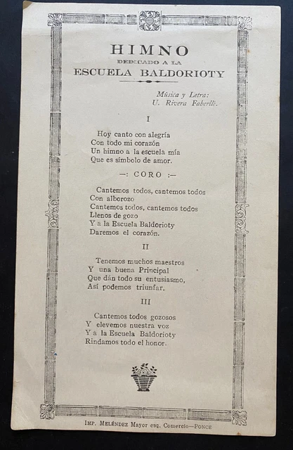 PUERTO RICO 1940S, Ponce, Efemera, Hoja Himno Dedicado a La Escuela ...
